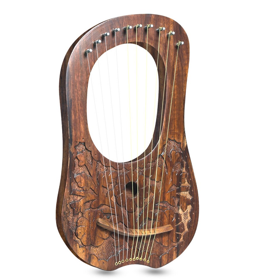Lyre Harp 10 Metal Strings- Engraved Floral Design with Bag & Tuning ...