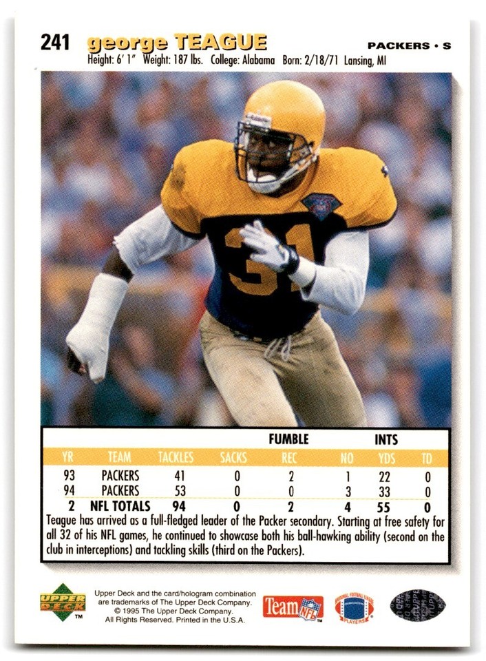 1995 Upper Deck Collector's Choice George Teague Green Bay Packers #241 ...