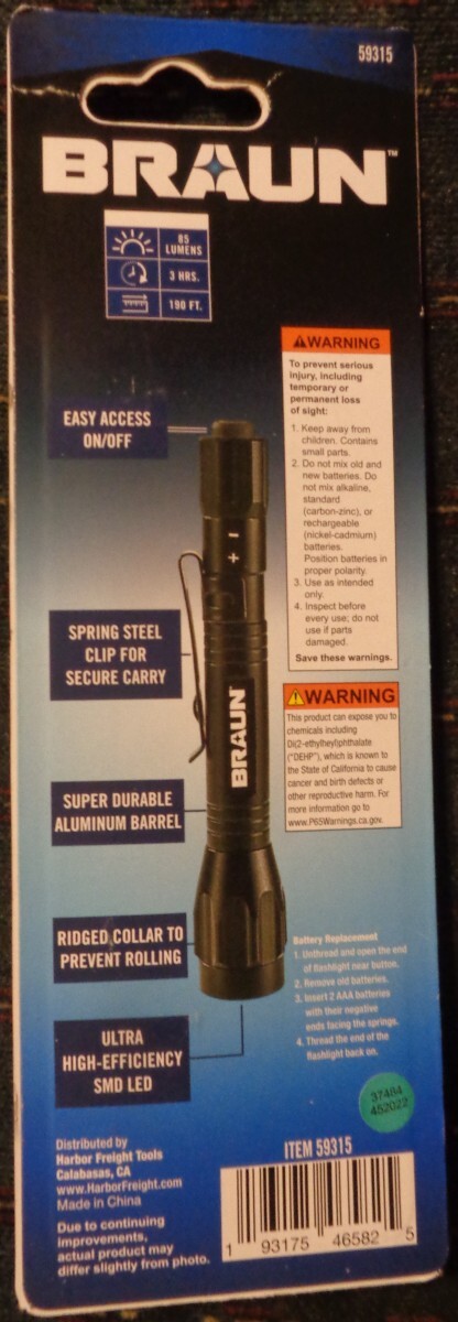 BRAUN 85 Lumen LED Pocket Flashlight Batteries Included 5 inch Pen ...
