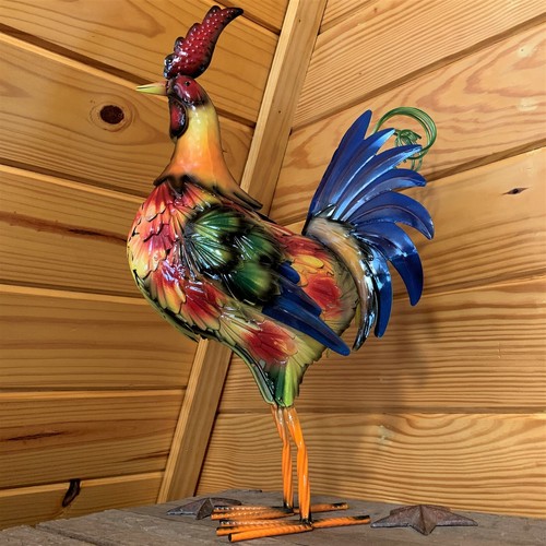Life-Size Folk Art Garden Metal Rooster Figure 20" Freestanding Statue ...