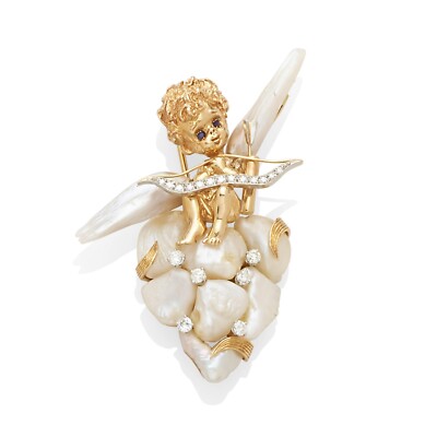Ruser Mississippi River Pearl Diamond Sapphire and 14k Gold Cherub ...
