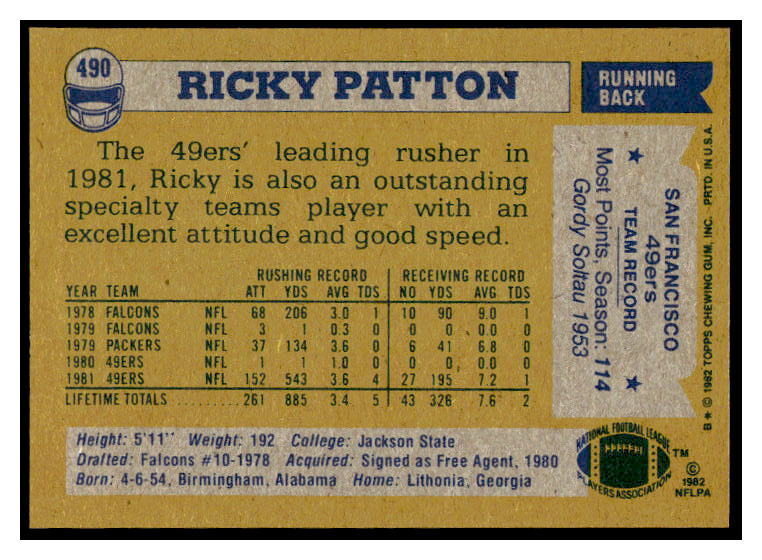 1982 Topps #490 Ricky Patton San Francisco 49ers Rookie Excellent | eBay