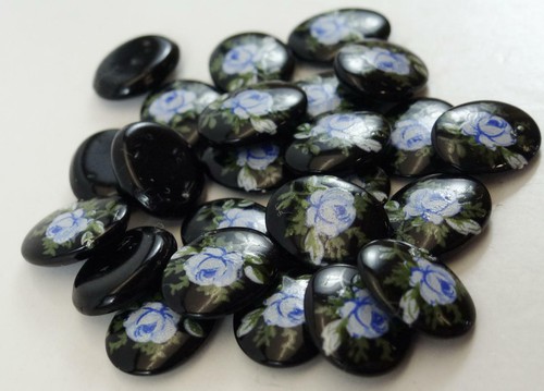 24 Vintage Glass Rhinestones Oval, Black/Blue Flower, FB 10x8mm D4-6C ...