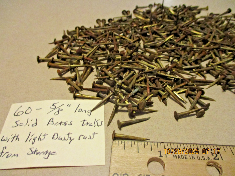 60-ANTIQUE SOLID BRASS 5/8" LONG CANOE TACKS-SHARP NAILS 13/64” DOMED ...