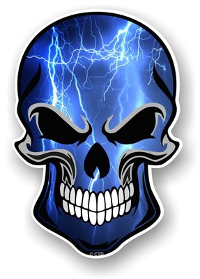 GOTHIC Biker SKULL & Blue Lightning Strike Motif vinyl car bike sticker ...