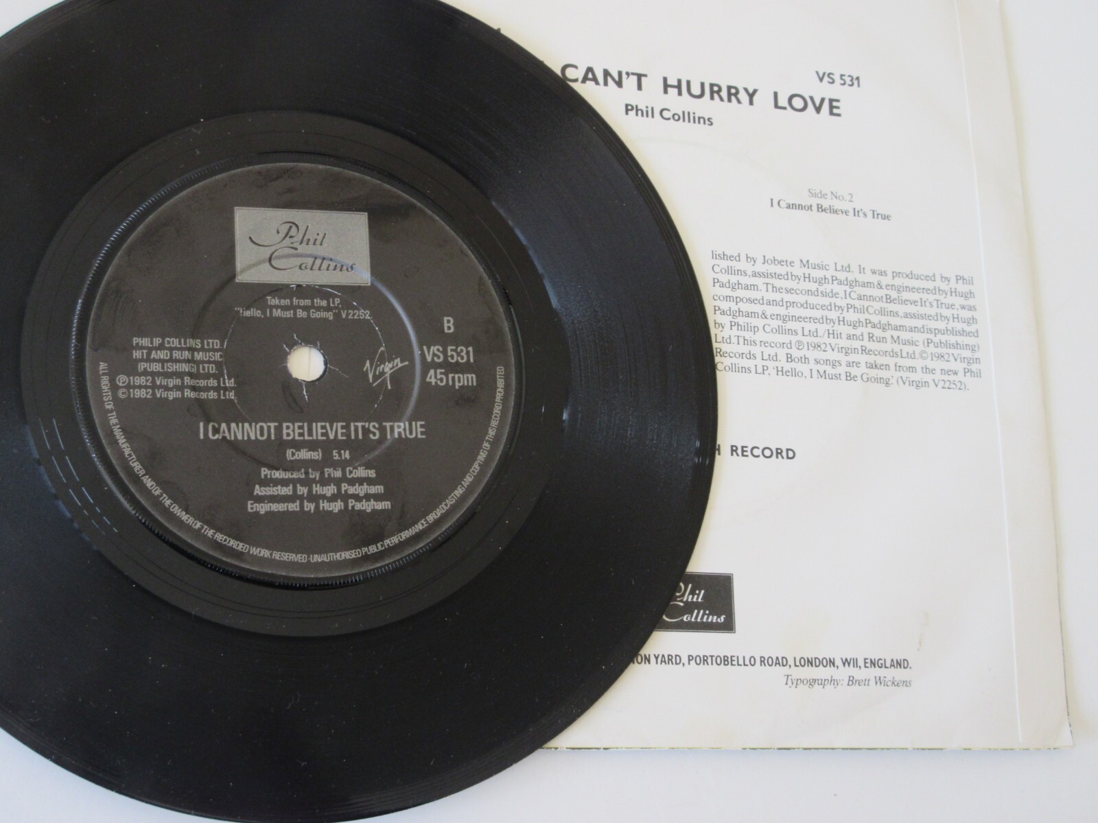 Phil Collins-You Can't Hurry Love / I Cannot Believe It's True 7" Vinyl ...