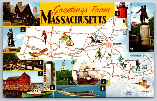 Massachusetts Greetings~State Map~Capitol Boston~Key To Views On Back ...