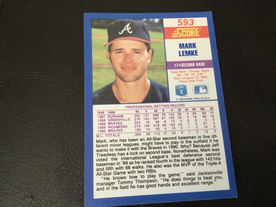 1990 Score # 593 MARK LEMKE ROOKIE RC Atlanta Braves Great Card ! | eBay