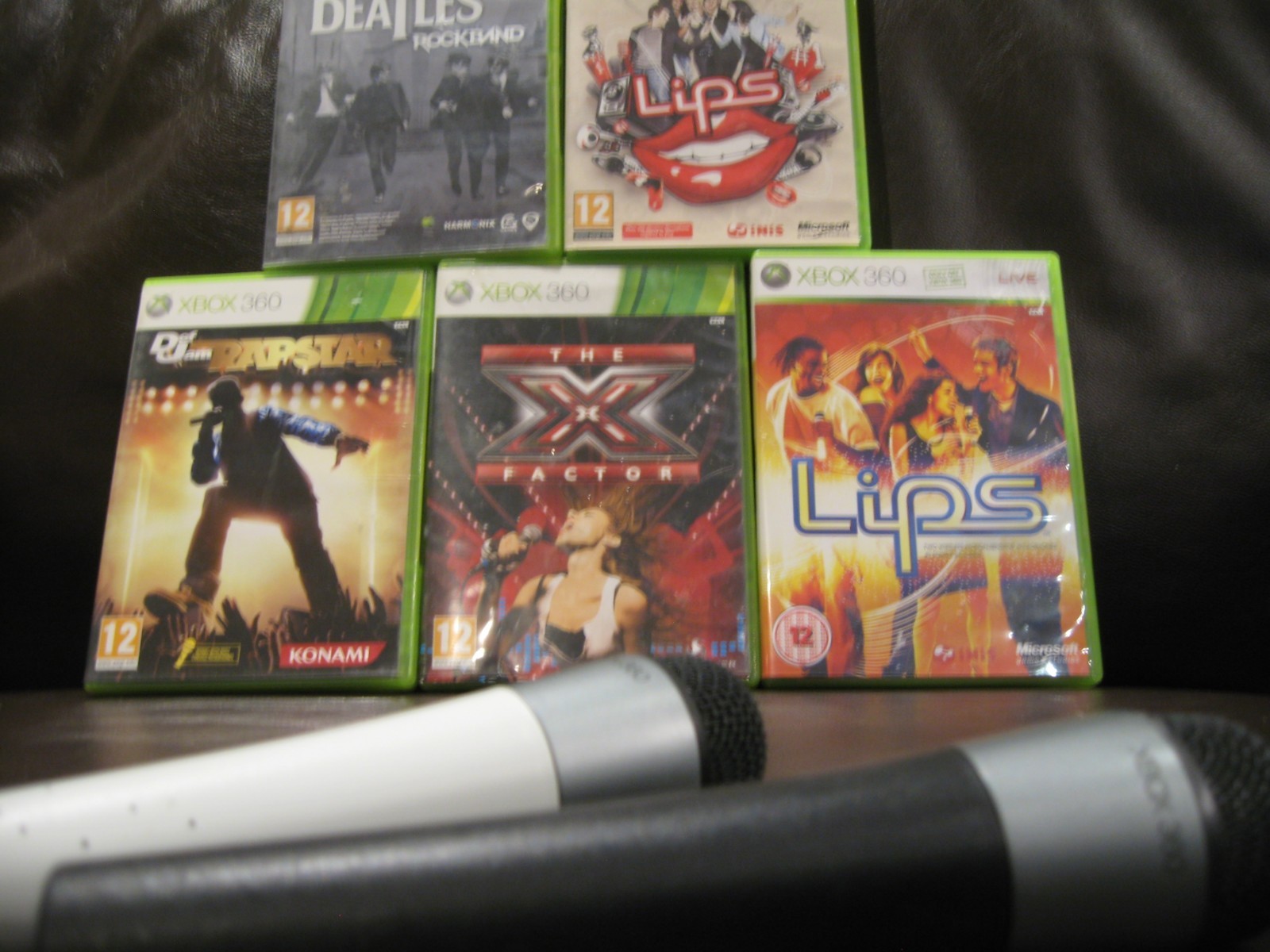 XBOX 360 LIPS Karaoke GAMES x5 + 2x Wireless OFFICIAL Microphones Mics ...