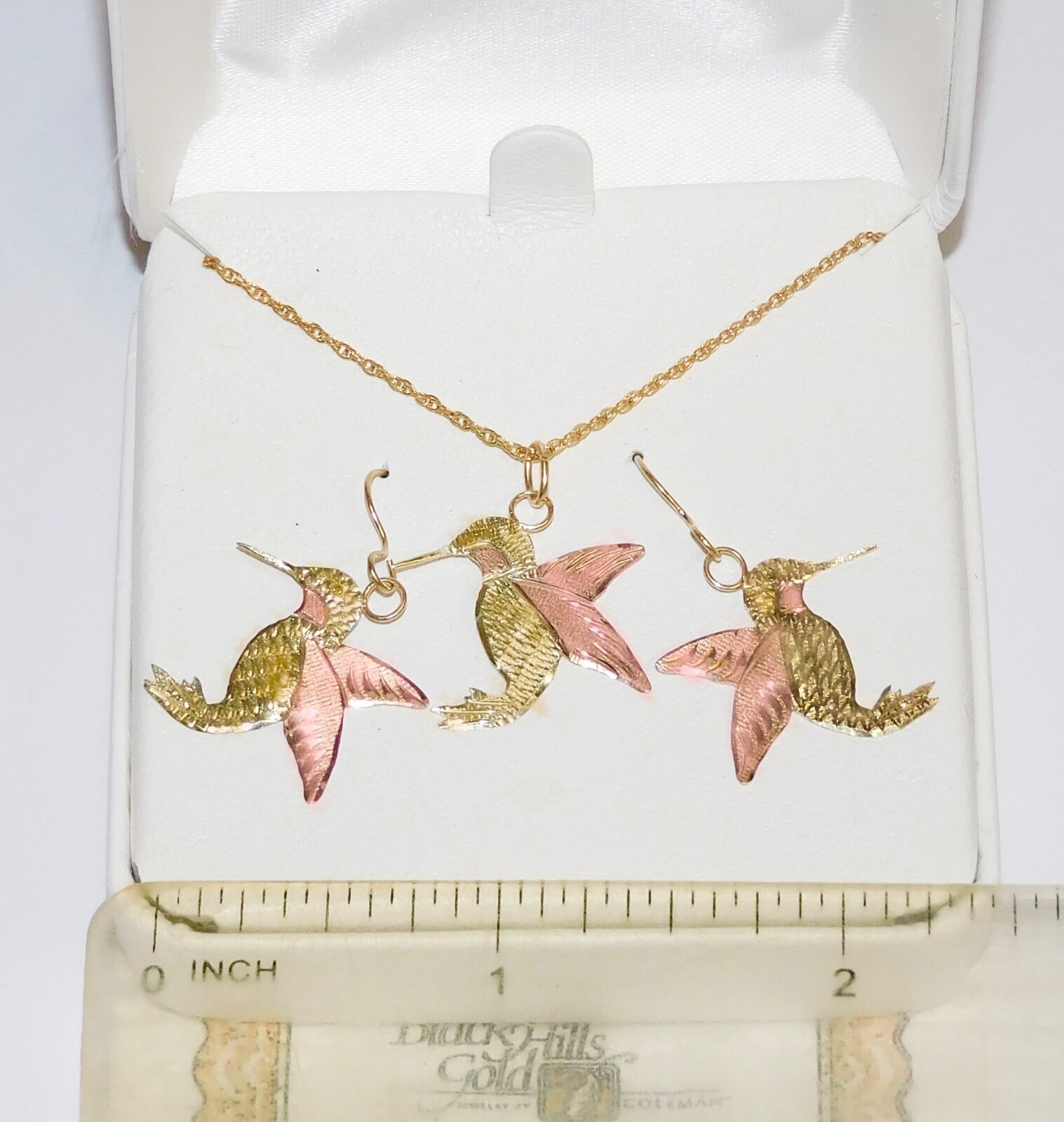 Black Hills Gold 10k Hummingbird Rose/Yellow Gold Pendant Earrings Set ...