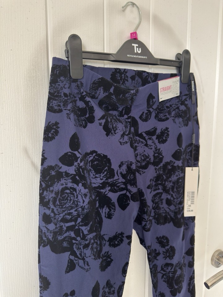 Roman Women’s Midnight Blue Flocked Stretch Trousers, Size UK 10, BNWT ...