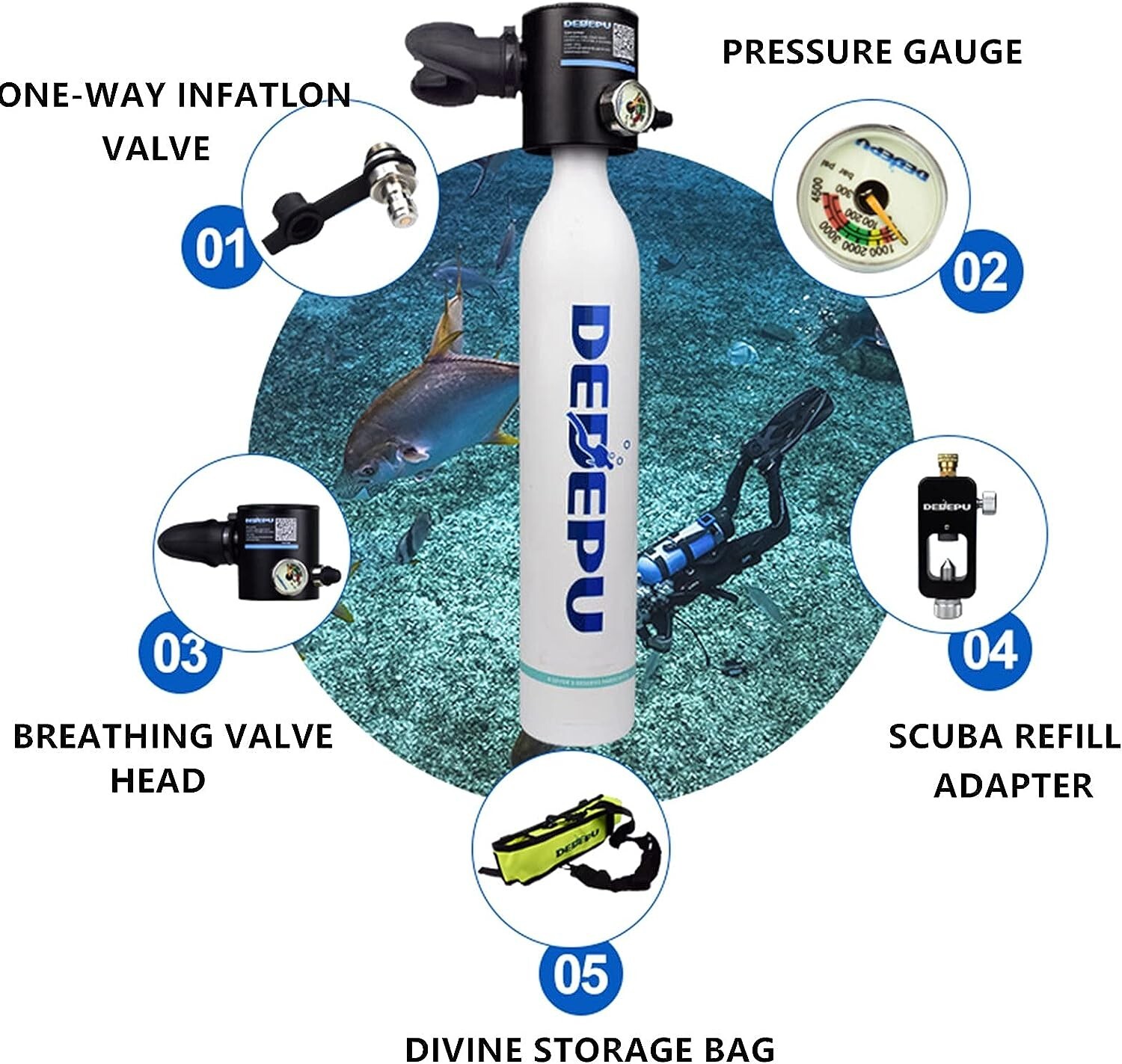 DEDEPU Scuba Diving 1L Oxygen Tank Set Mini Diving Cylinder with ...