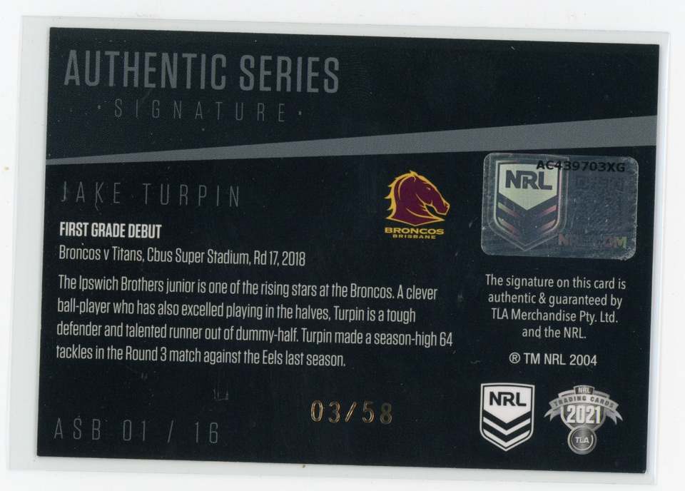 2021 Traders Jake Turpin (Broncos) Authentic Signature NRL Card ASB01 ...
