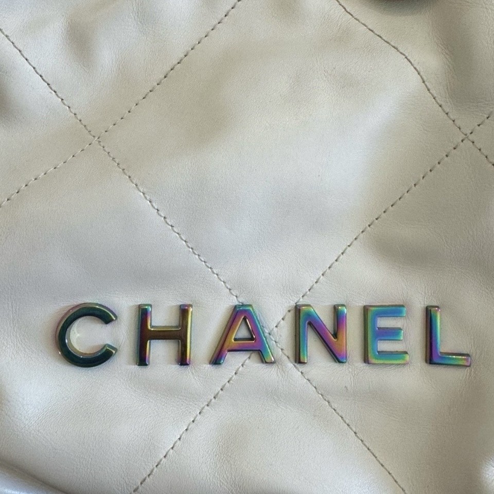 Chanel 22 Mini White Calf Leather Shoulder Bag Iridescent Rainbow ...