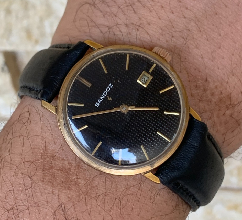 1960's Vintage Sandoz Watch Black Dial Gold Plated Cl… - Gem
