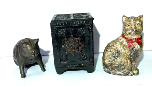 3 antique Cast Iron Coin Banks Pig , Safe Deposit Vault , Cat , Piggy ...