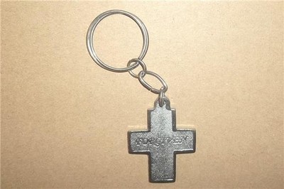VINTAGE CHRISTIAN CROSS EMBOSSED "FORGIVEN" SILVER METAL FIGURAL FOB ...