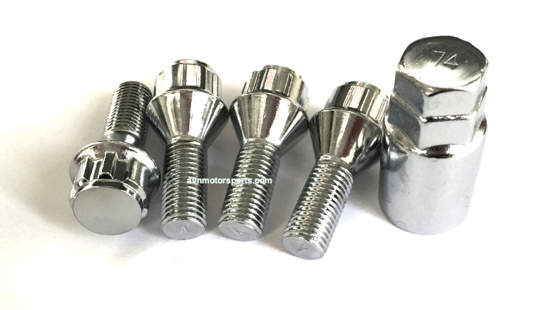 4 Chrome Lug Bolts lock set Cone 14x1.5 28mm Shank Mercedes E S SL CL ...