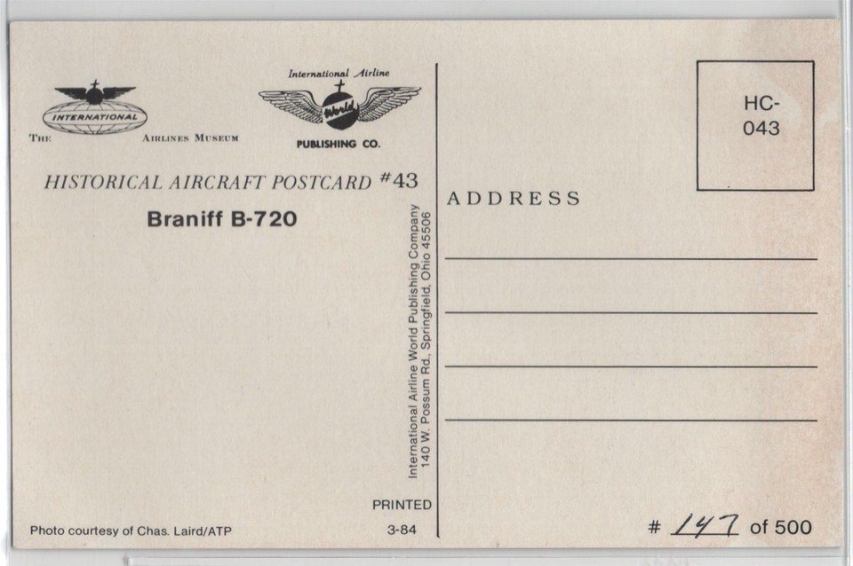 Braniff International B-720 Jet On Ground Blue Teal Livery Aircraft ...