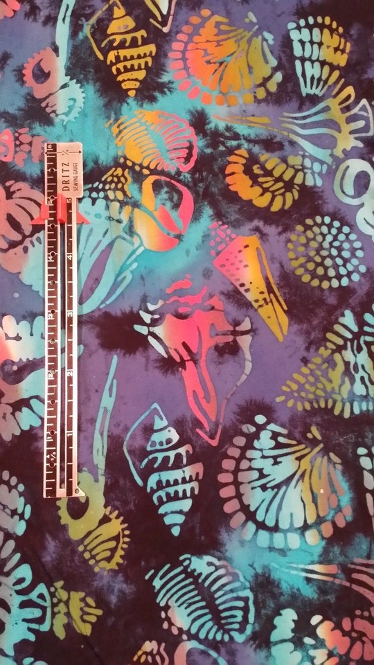 VINTAGE BLUE YELLOW PINK SEASHELL BATIK PRINT COTTON 1 YD 44" FREE ...