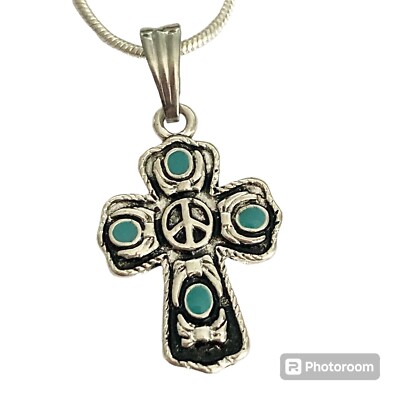Vintage Cross Peace Sign Necklace Aqua Silver Plated 16-18 ...