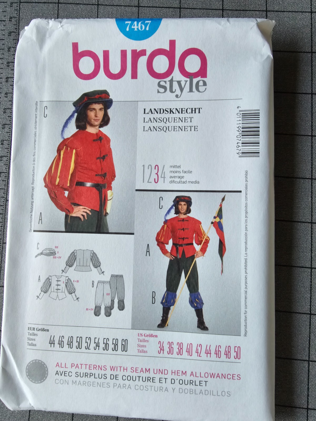 Renaissance Soldier Costume 2sew Pattern Historical Burda 7467 Sz 34-50 ...