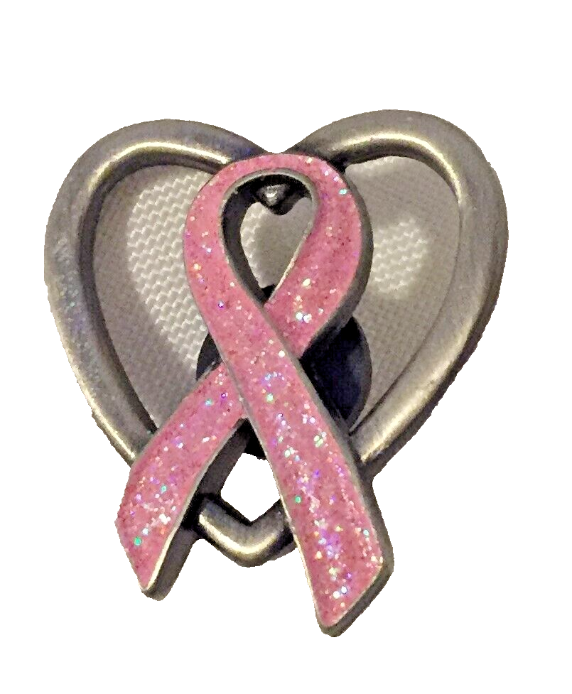 Heart with Glittering Pink Ribbon Breast Cancer Awareness Lapel Hat Tac ...