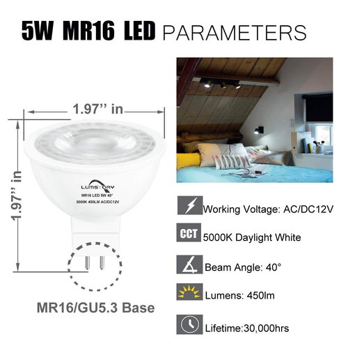 MR16 LED Bulb 5000K Daylight 12V GU5.3 Bipin Base Non-Dimmable 50W ...