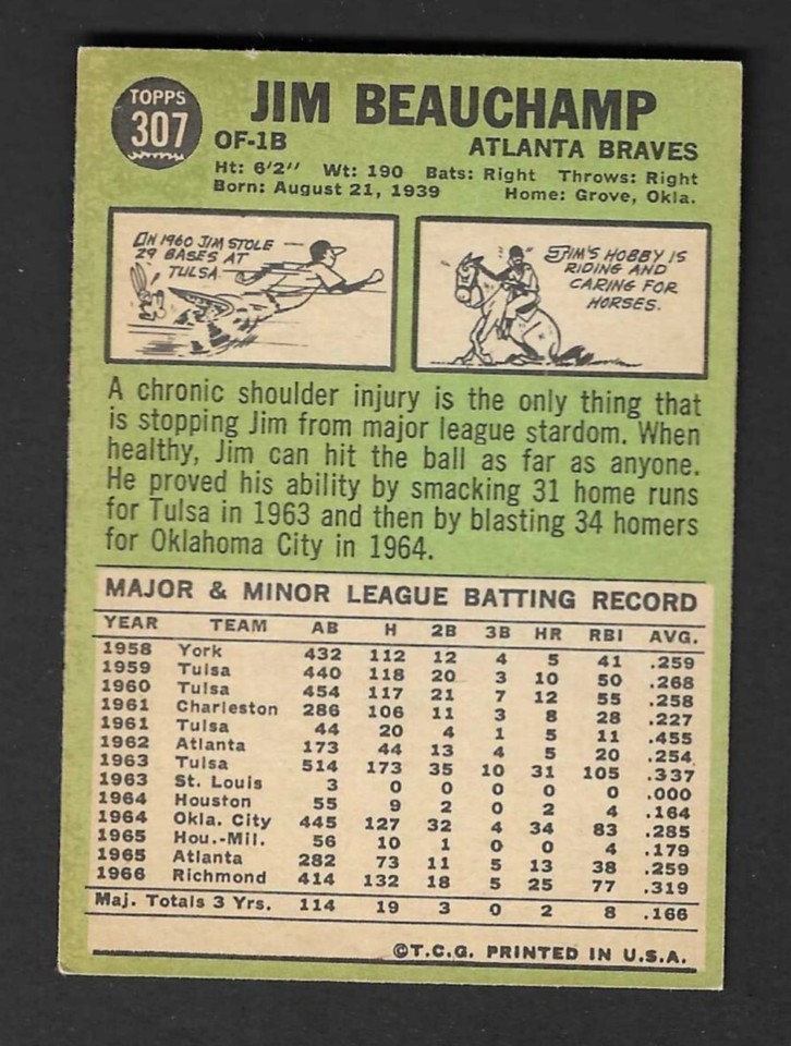 1967 Topps Baseball Card #307 JIM BEAUCHAMP Atlanta Braves NR MINT | eBay
