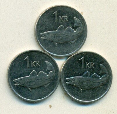 3 DIFFERENT 1 KRONA COINS w/ FISH from ICELAND (2006, 2007 & 2011) | eBay