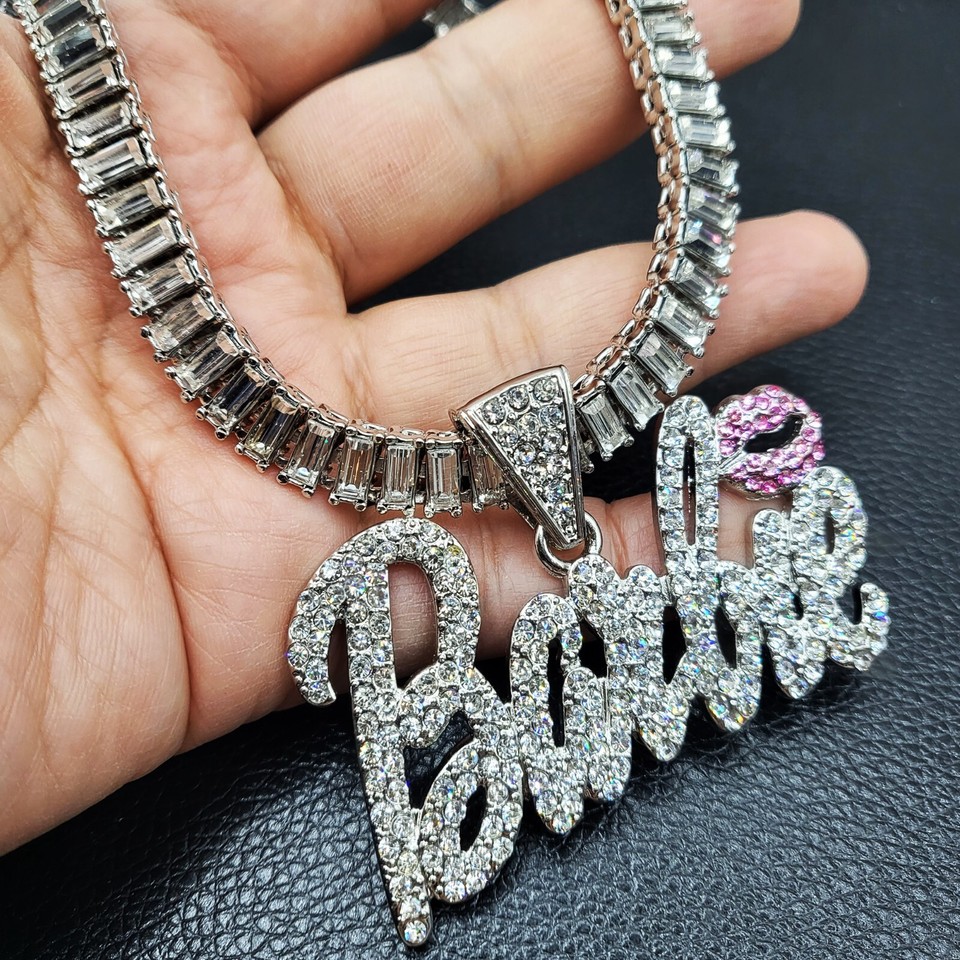 Gold Plated Large Barbie Pendant & Iced Baguette Cubic Zirconia Chain ...
