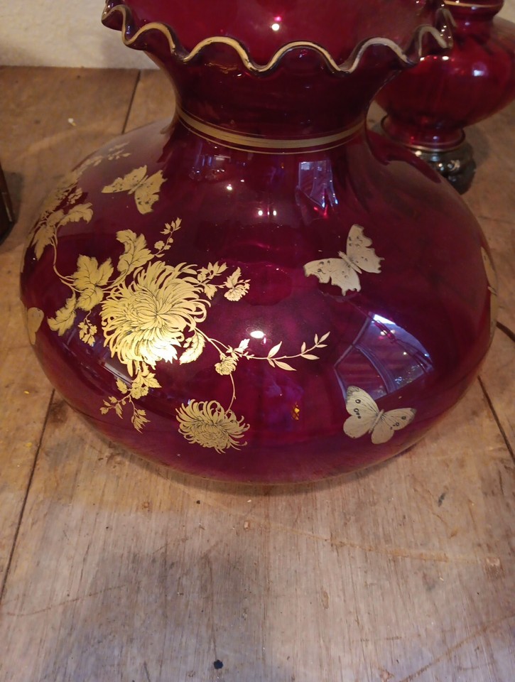 Fenton Ruby Red Hurricane lamp, Floral Butterflies gold | eBay