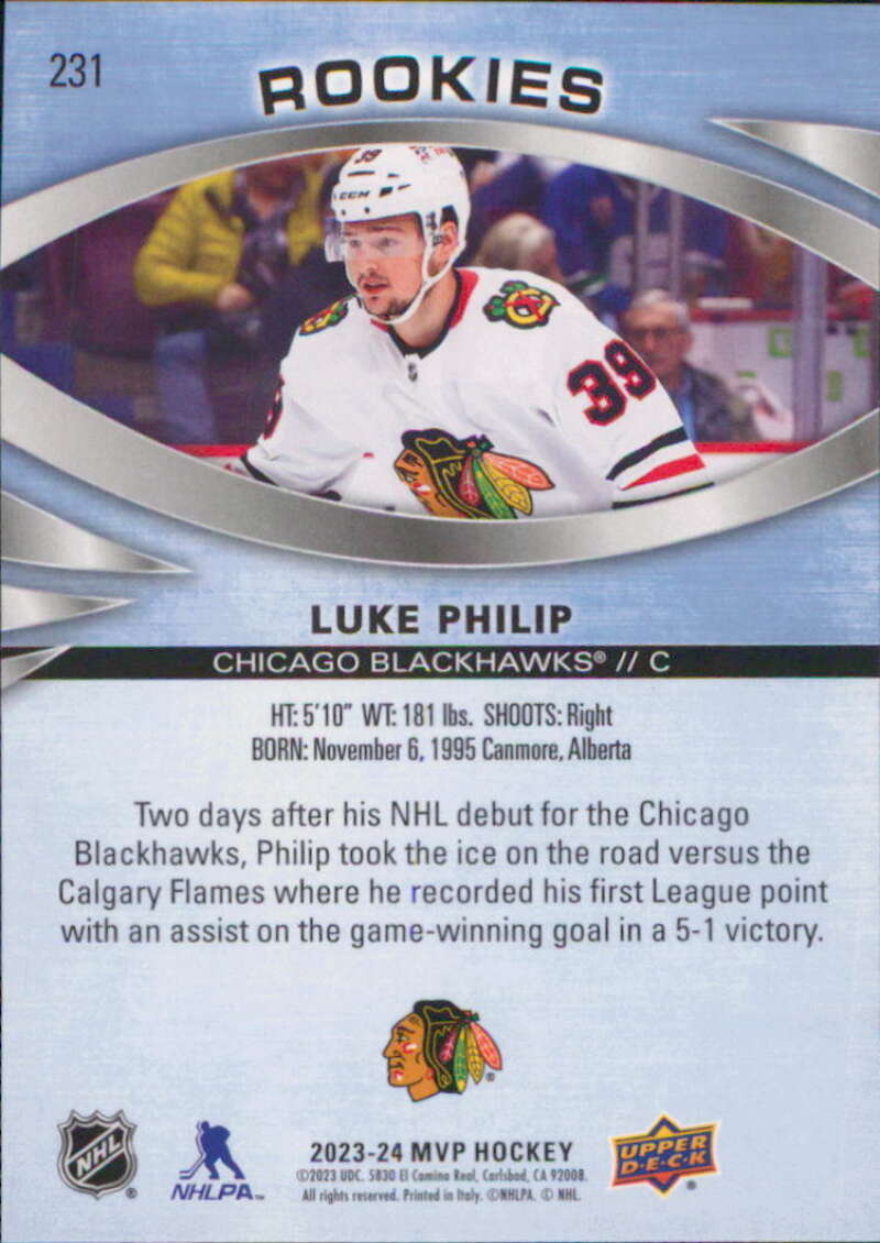 2023-24 Upper Deck MVP #231 Luke Philip Chicago Blackhawks Rookie SP | eBay