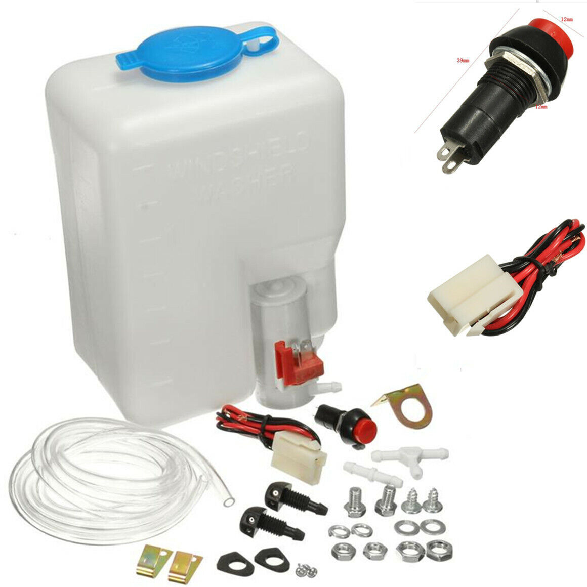 Universal Auto Windshield Washer Tank Pump Bottle Kit w/Hose Nozzle 12V ...
