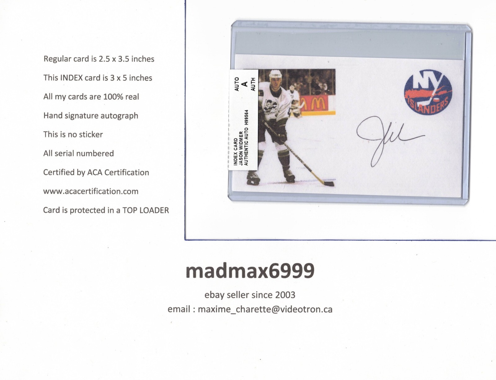 Jason Widmer New York NY Islanders AUTOGRAPH AUTO SIGNED INDEX HOCKEY ...