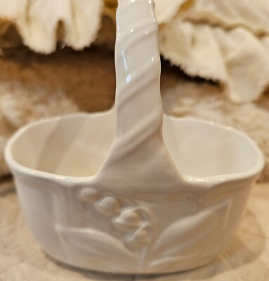 Small white ceramic basket with floral and leaf design with handle | eBay