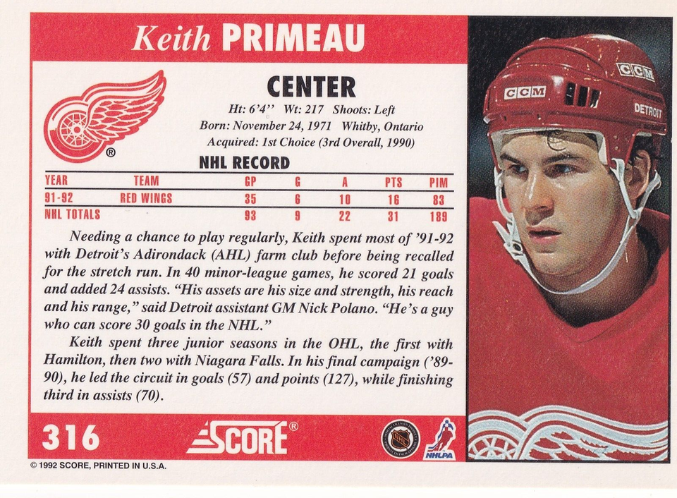 1992-93 Score #316 Keith Primeau- Detroit Red Wings + (Yes 4 Free ...