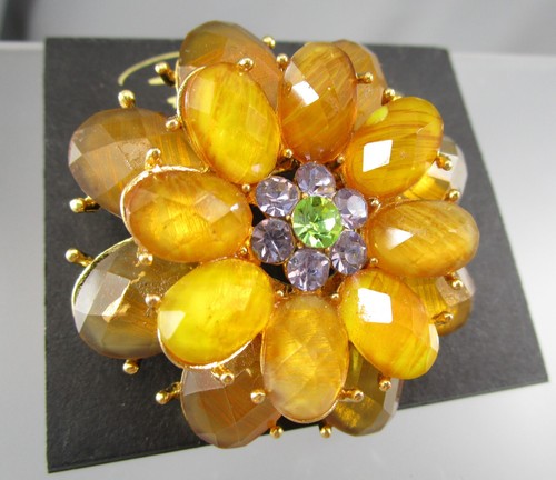 NOS BIRCH HILL Yellow Lucite Rhinestones Layered Flower Pin Brooch 9450 ...