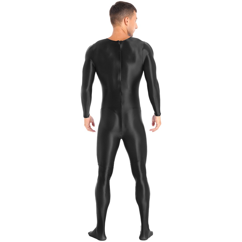 Mens Back Zipper Bodystocking Glossy Solid Color Long Sleeve Bodysuit ...