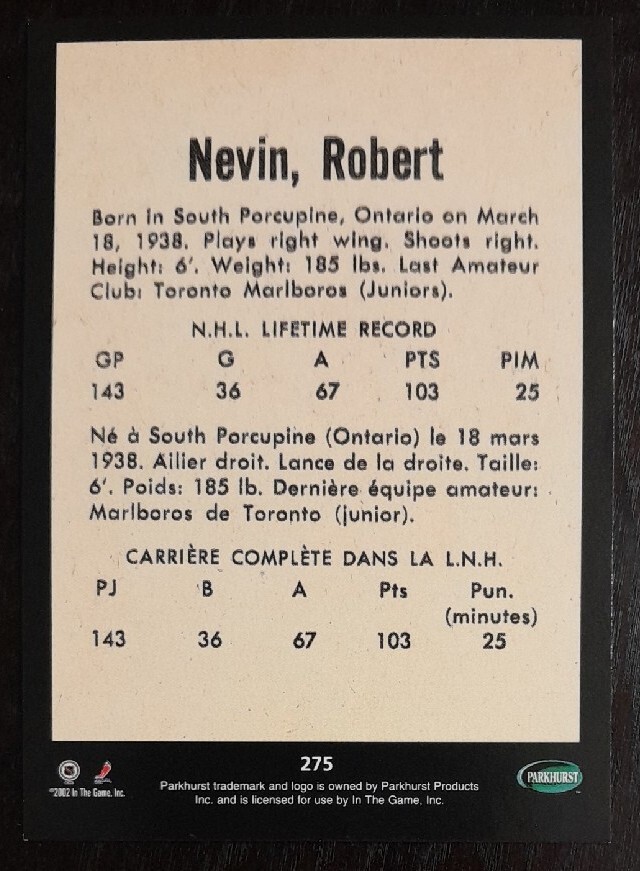 2002 - 2003 Parkhurst ITG Robert Nevin Reprint Insert #275 Hockey Card ...