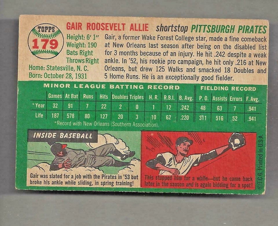 Gair Allie 1954 Topps ML Baseball Trading Card #179 Pirates EX | eBay