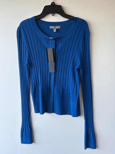 Classiques Entier Blue Ribbed Crew Neck Fitted Cardigan Sweater US size ...