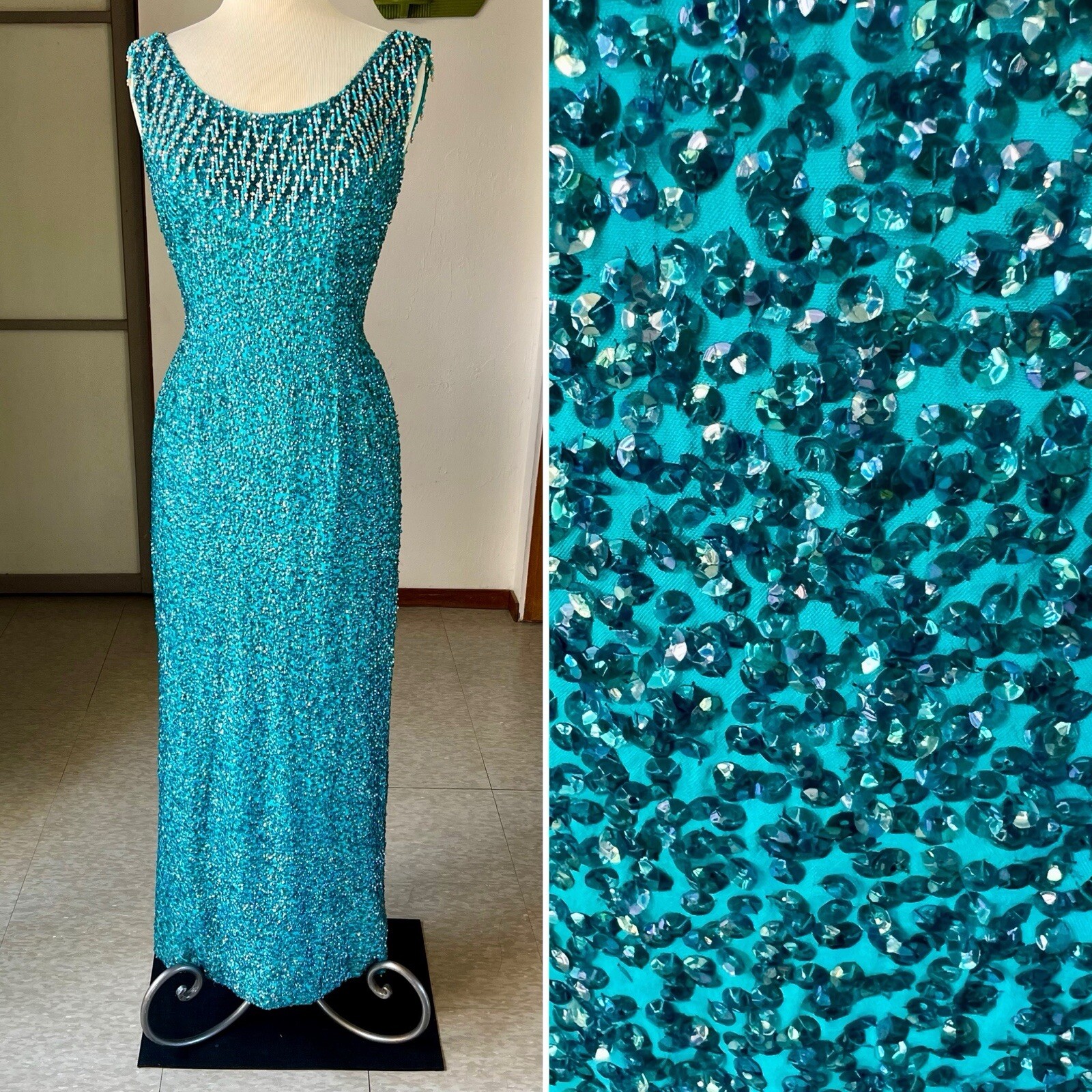 1960s Vintage Turquoise Blue Sequined And Beaded Gown… - Gem