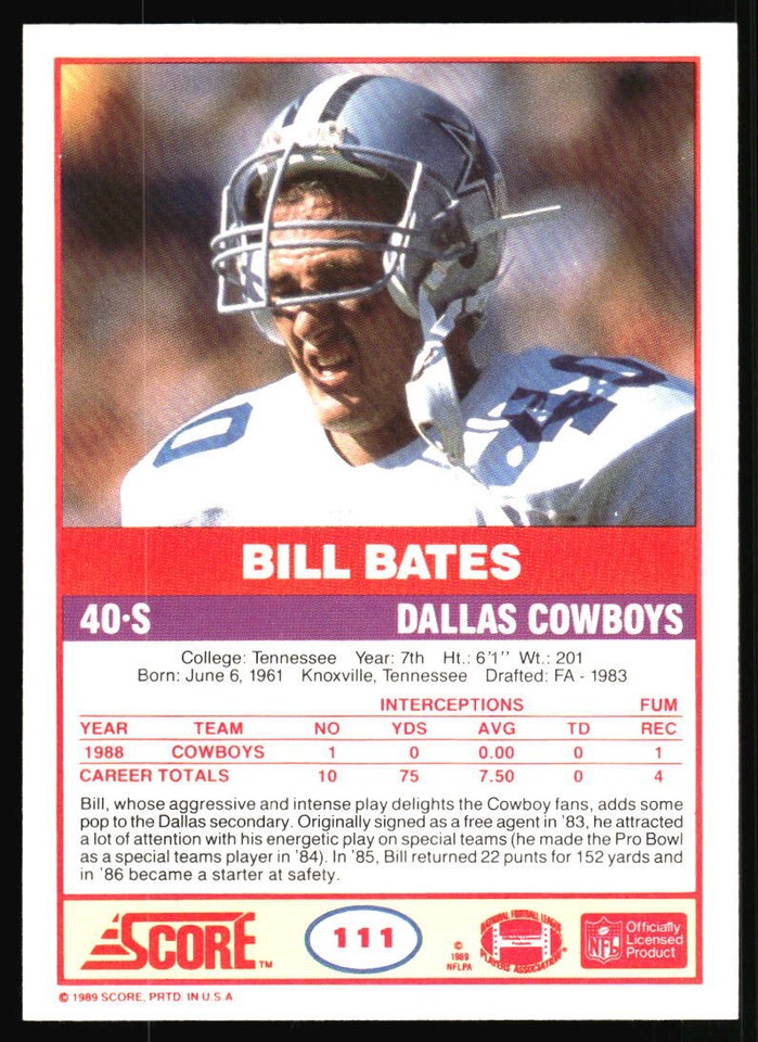 1989 Score Bill Bates #111 Dallas Cowboys | eBay