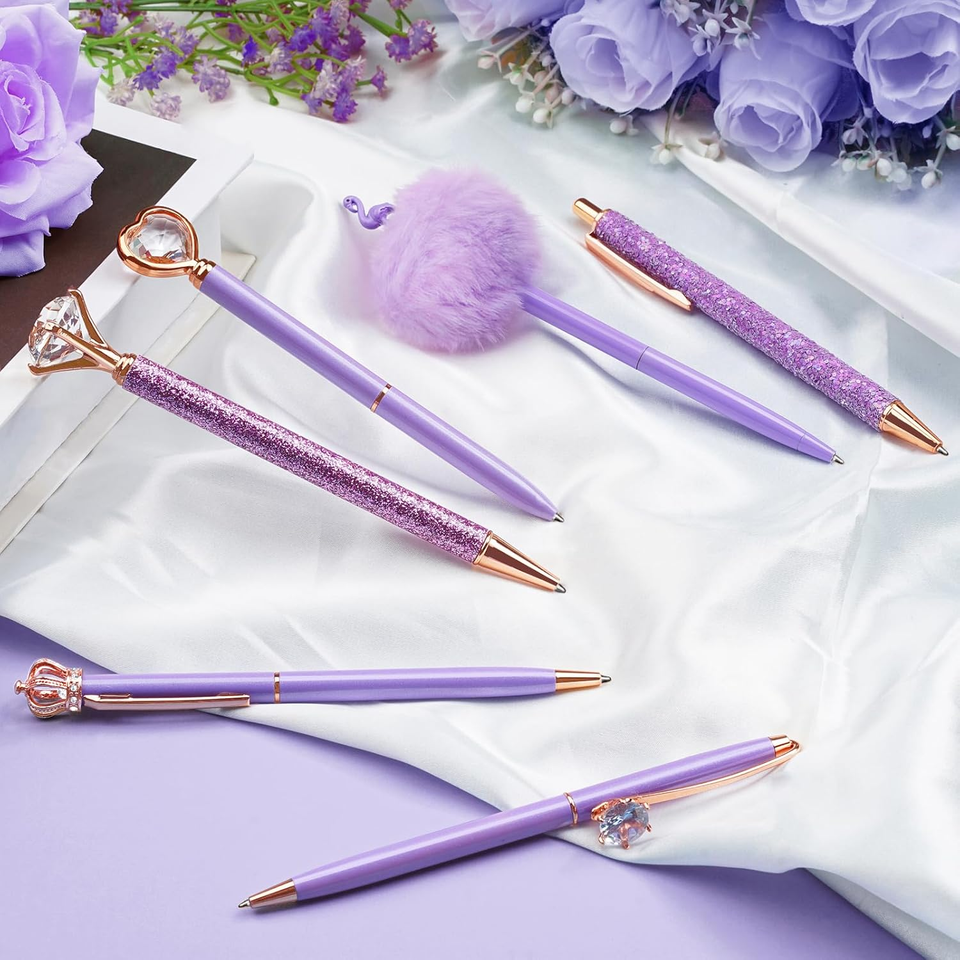 8Pcs Purple Pens, Metal Crystal Diamond Pen with Black & Blue Ink for ...