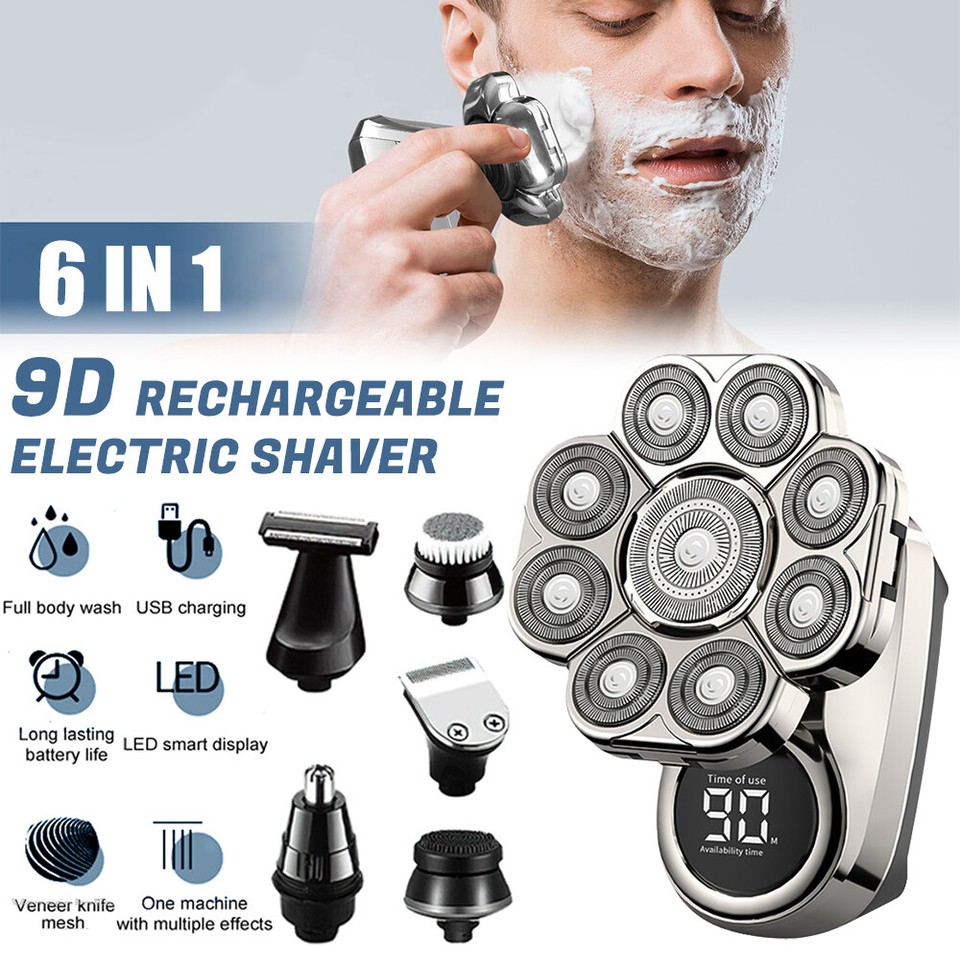 9D Rotary Electric Shaver 6IN1 Cordless Hair Trimmer Bald Head Razor ...