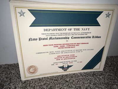 U.S. NAVY - PISTOL MARKSMAN RIBBON COMMEMORATIVE CERTIFICATE ~ W ...