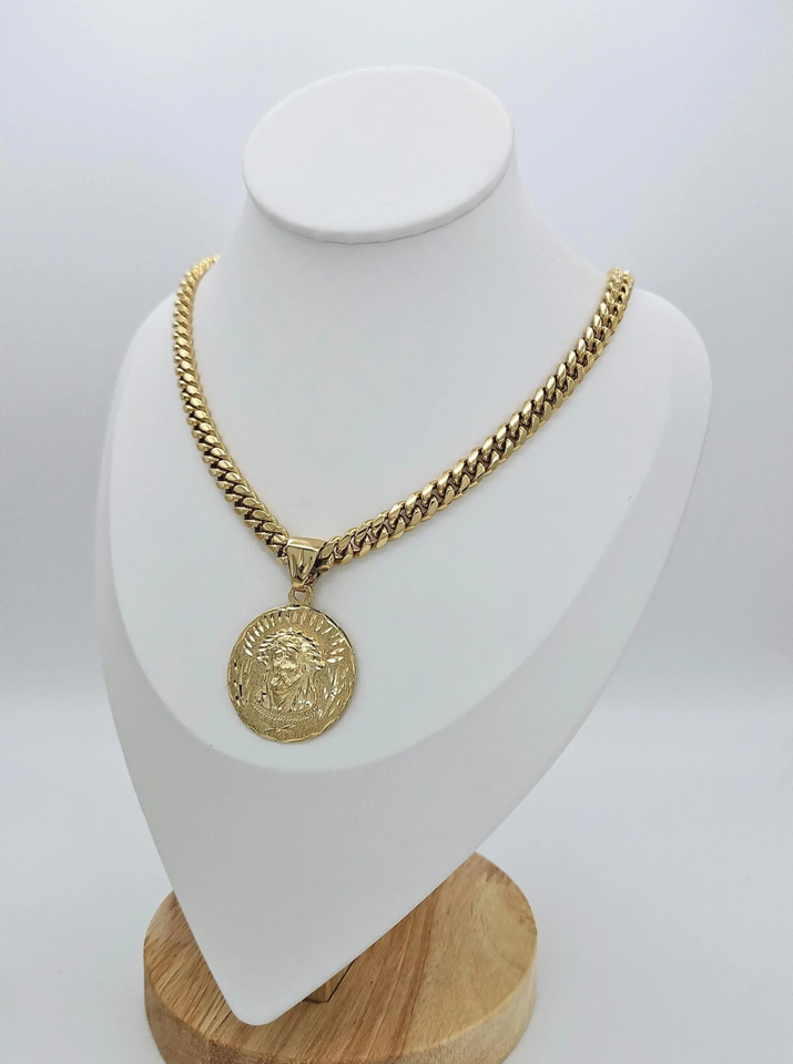 Gold Large Jesus Necklace, 7mm Curb Link, 14k Gold Plated, Waterproof ...
