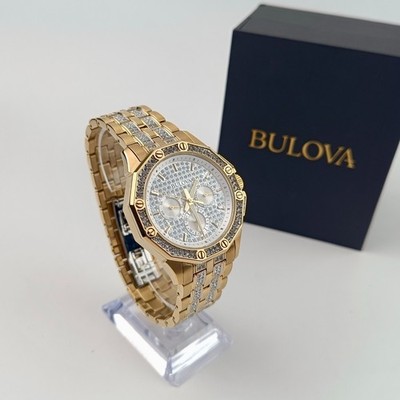 Bulova Crystal Octova Men's Quartz Watch Silver/Gold Dial & Band 41.5mm ...