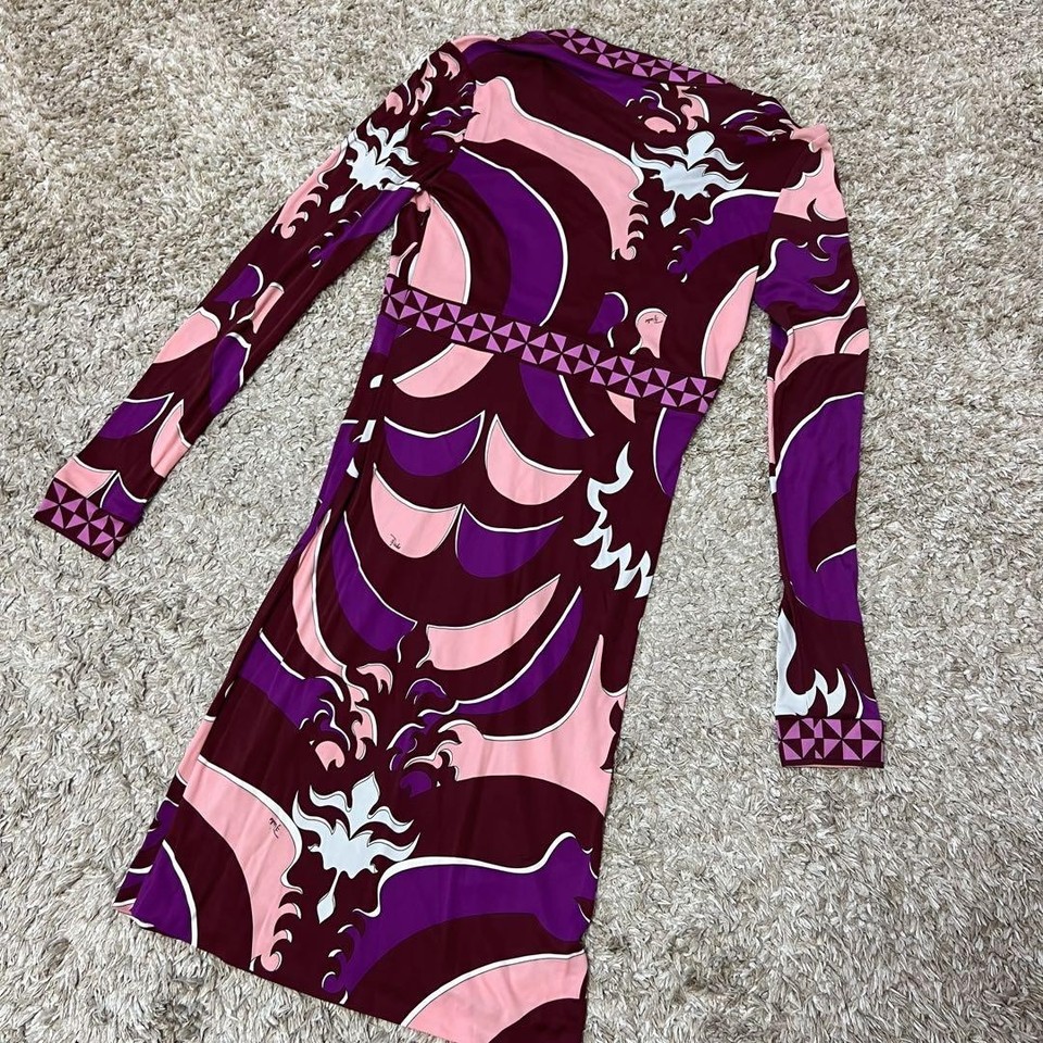 Emilio Pucci Abstract Dress Long Sleeve Purple Red Pink Rayon L Drape ...